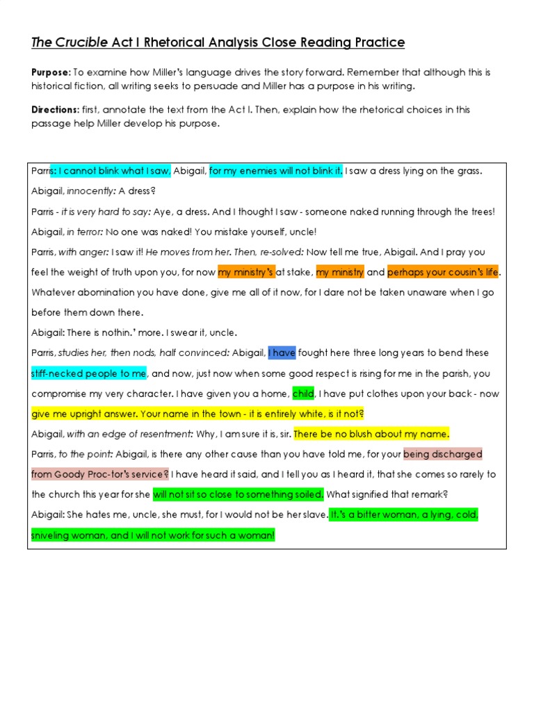 The Crucible Act I Close Reading | PDF