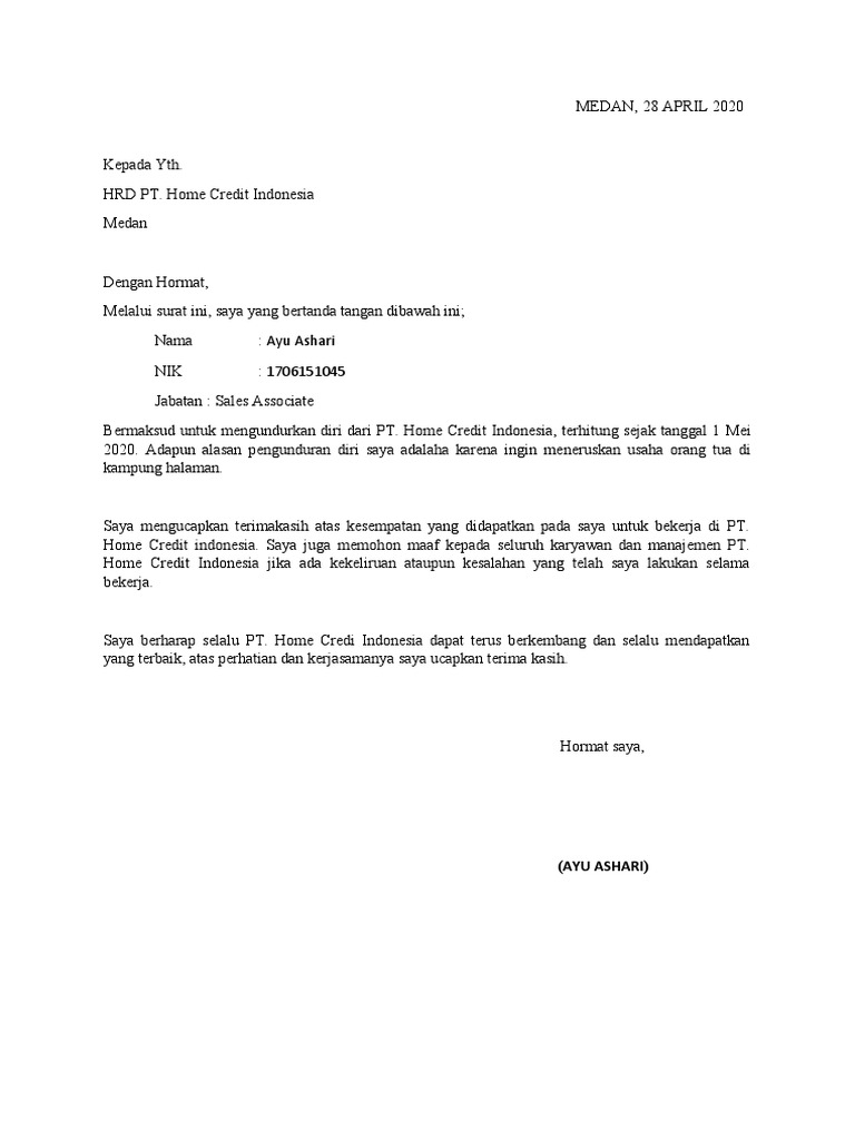 Surat Pengunduran Diri Ayu Ashari | PDF