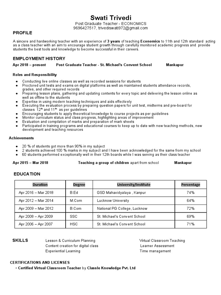 Swati Trivedi PGT Economics 2021 | PDF | Distance Education | Teachers