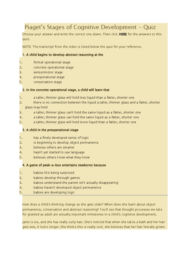 Piaget's Stages of Cognitive Development - Quiz | PDF | Cognitive ...