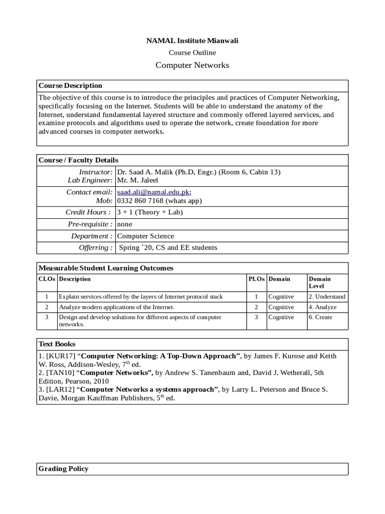 ComputerNetworks Outline v1.1 | PDF | Computer Network | Computer Standards