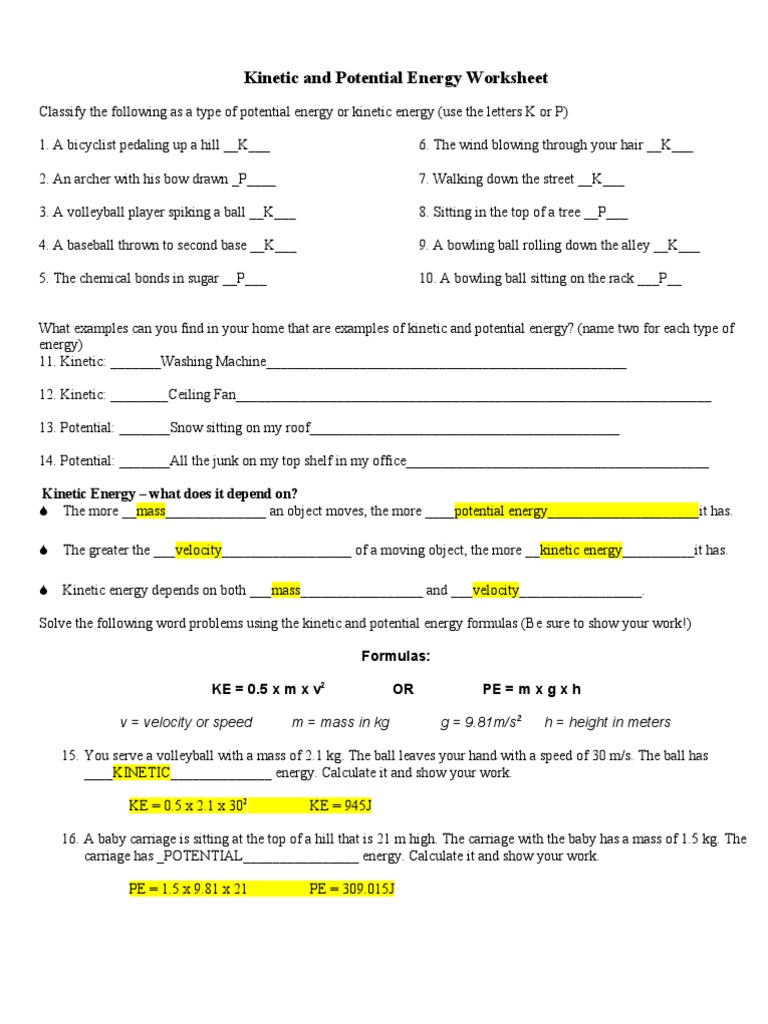 Potential And Kinetic Energy Worksheet