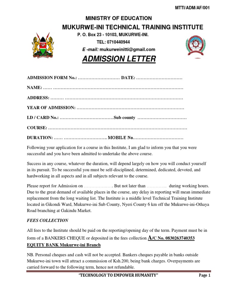 Mtti Admission Letter | PDF | Cheque | Banks