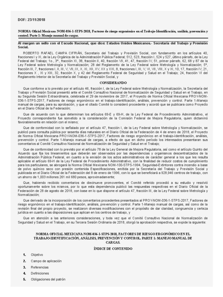 Nom 036 1 STPS 2018 | PDF | Factores humanos y ergonomía | Bienestar