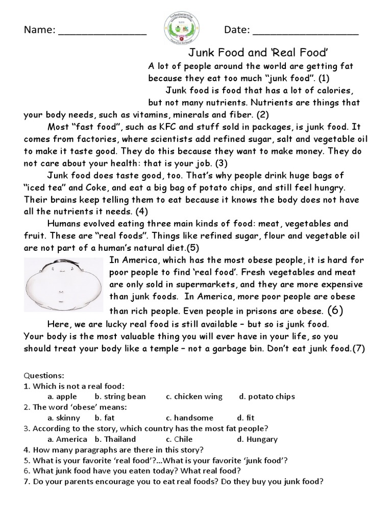Junk Food Reality Reading Comprehension Exercises - 110251 | PDF | Junk ...