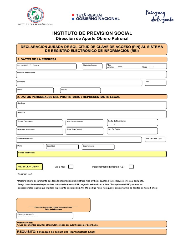 Declaracion Jurada de Solicitud de Clave de Acceso (Pin) Al Sistema Rei | PDF