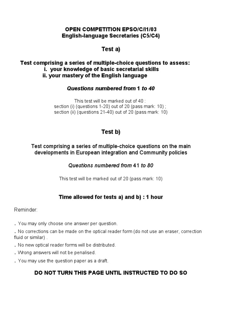 Epsoc1103 Test A English Secretaries | Multiple Choice | Microsoft Excel