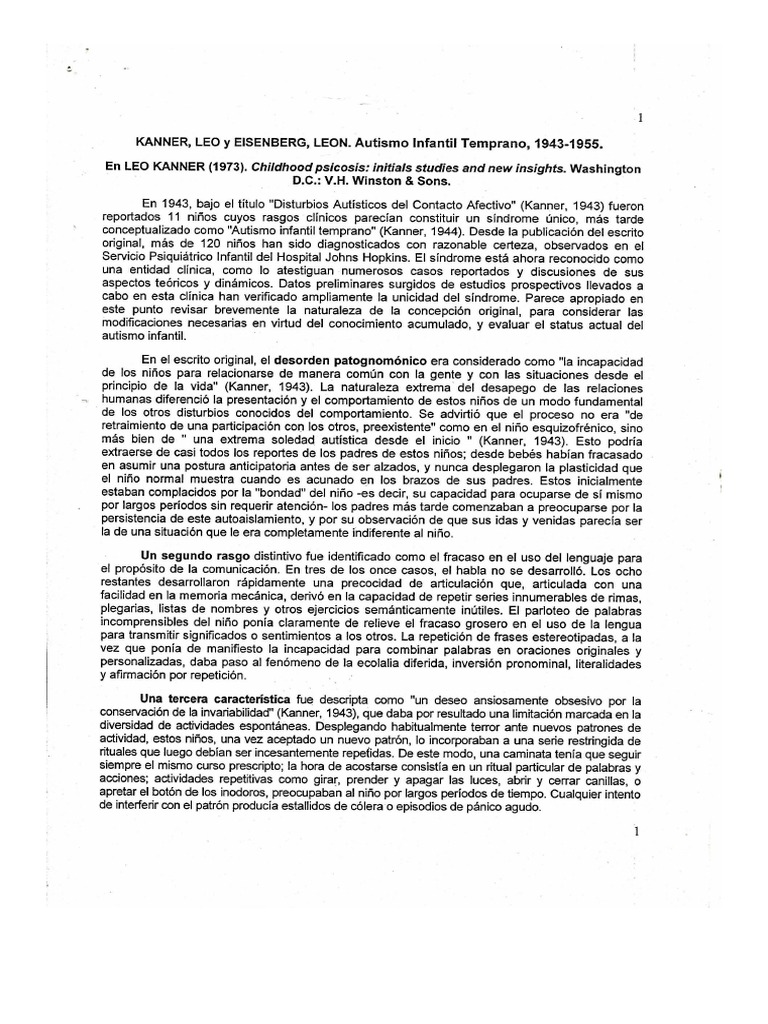 Kanner y Eisenberg - Autismo Infantil Temprano | PDF