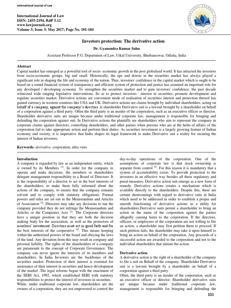 Investors Protection: The Derivative Action | PDF | Lawsuit | Legal ...