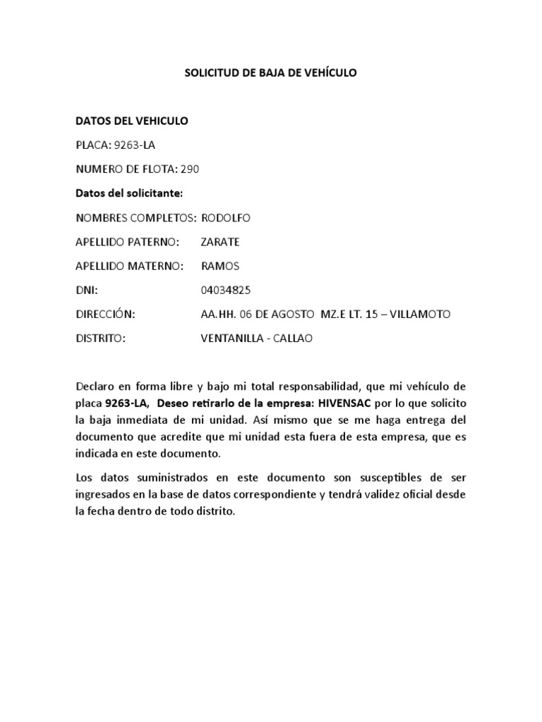Solicitud Baja Vehículo 9263 La Pdf
