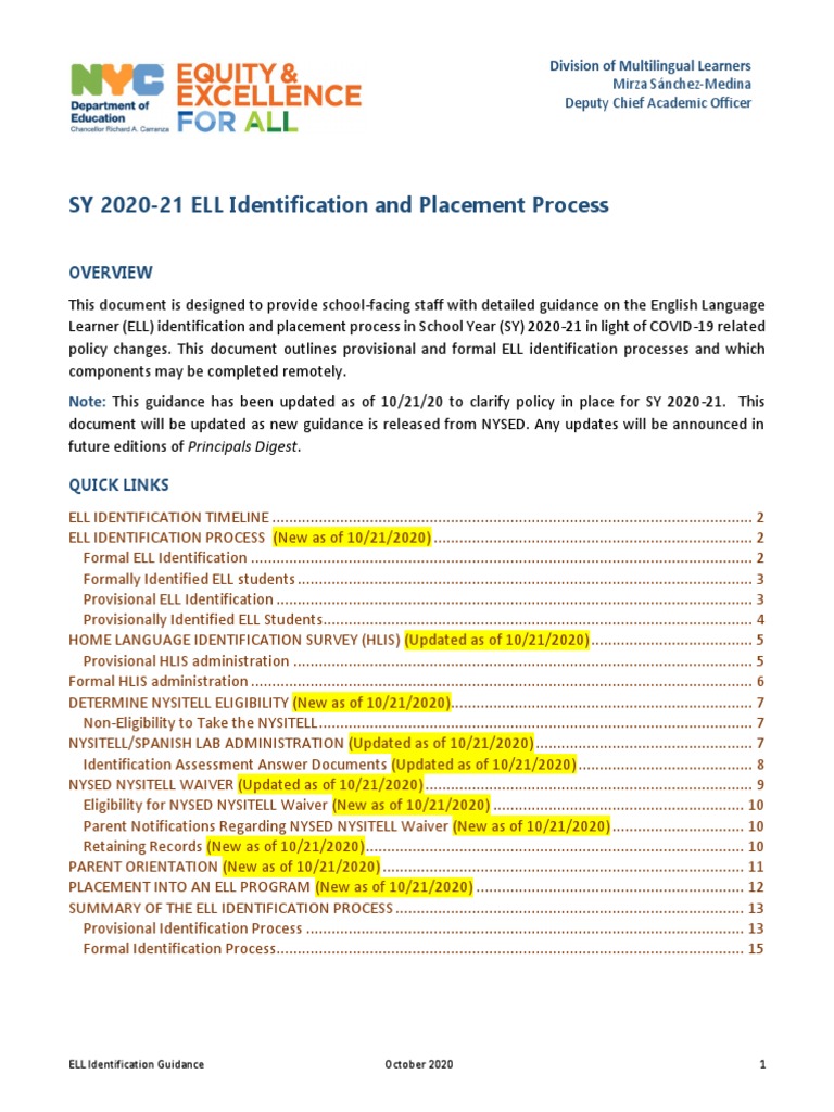 NYC DOE ELL Identification Guidance | PDF | Individualized Education ...