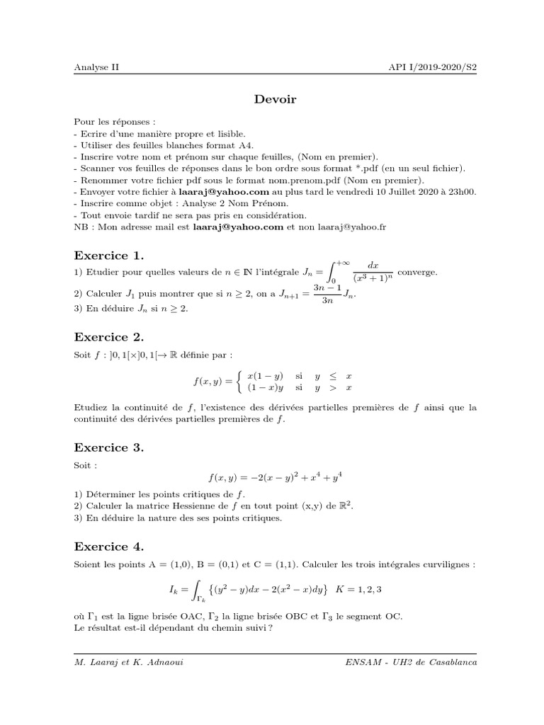 Devoir d'Analyse II - API 2019-2020 | PDF | Enseignement des ...