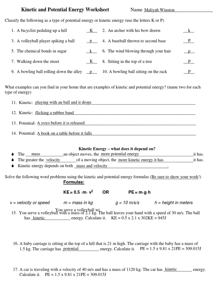 Maliyah Winston - Kinetic and Potential Energy Worksheet | PDF ...