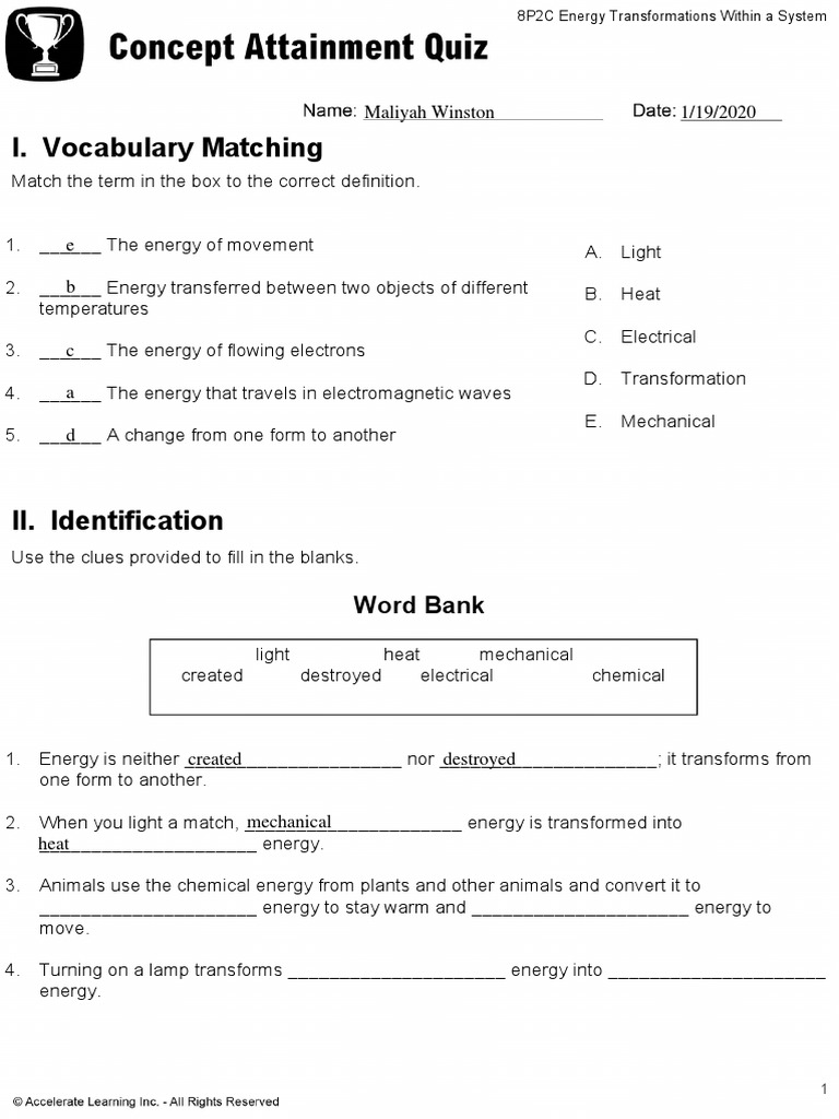 Maliyah Winston - Vocabulary Energy Transformation | PDF | Heat | Light
