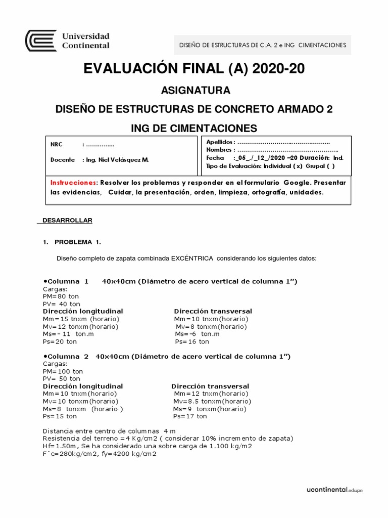 EVALUACIÓN FINAL-DISEÑO ESTRUCTURAS CA - II e Ing. CIMENTACIONES-2020-20 | Descargar gratis PDF ...