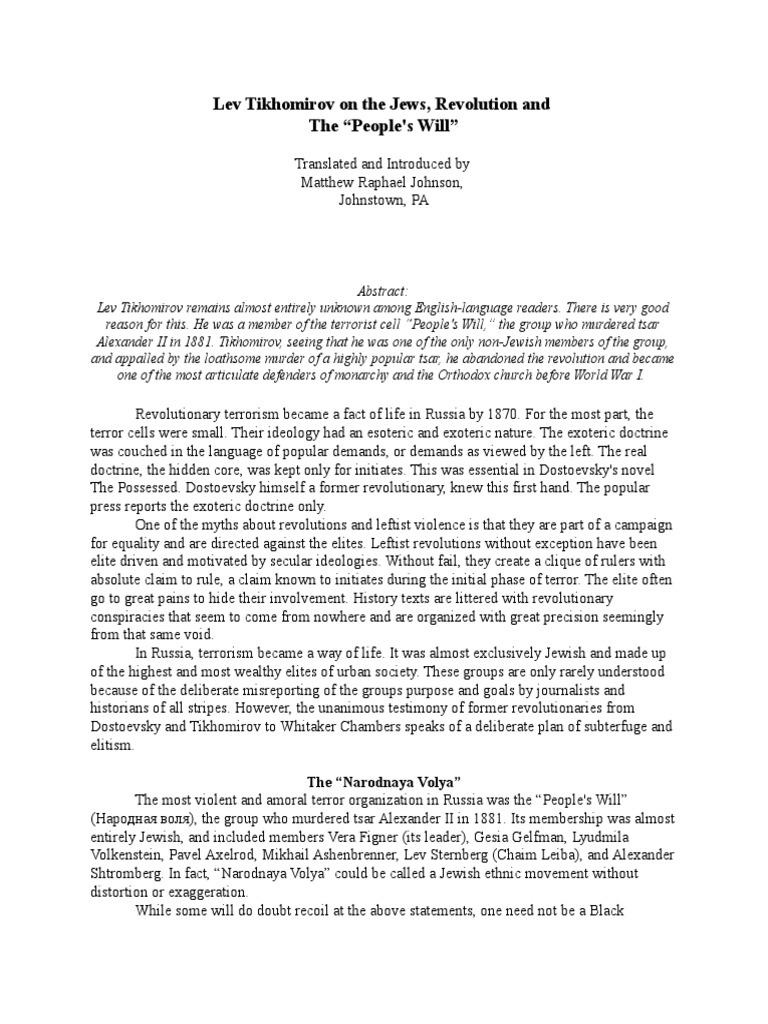 Lev Tikhomirov On The Jews, Revolution and The "People's Will" | PDF | Jews | Kabbalah