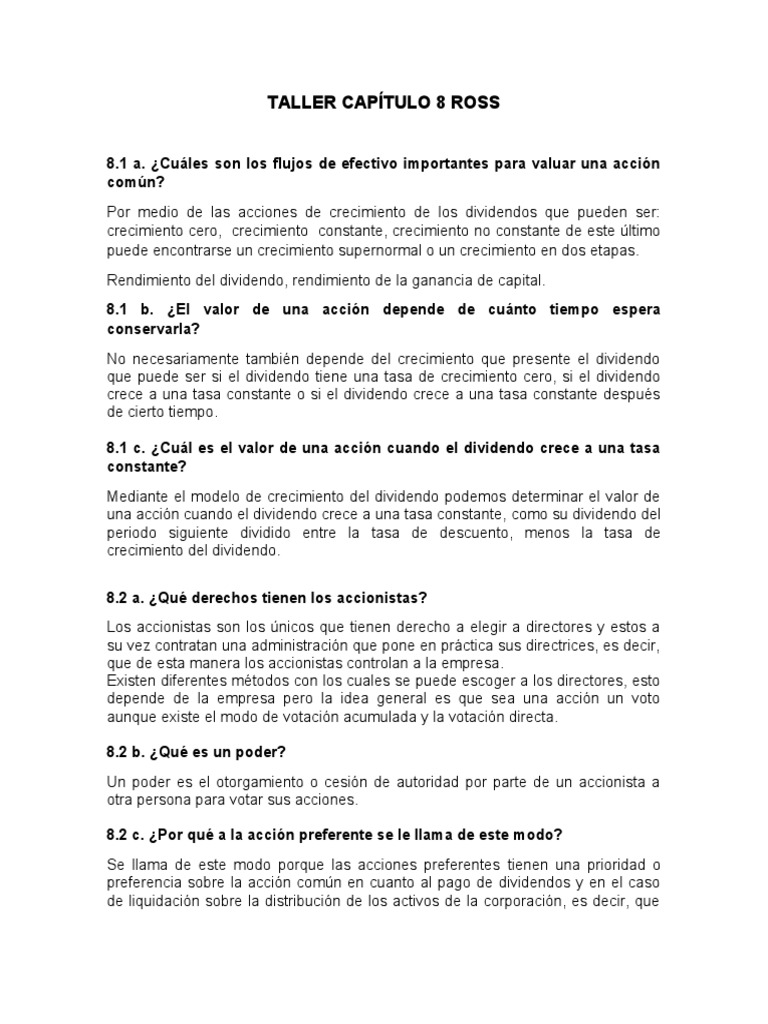 Taller Capítulo 8 Ross | PDF | Compartir (Finanzas) | Mercado (economía)