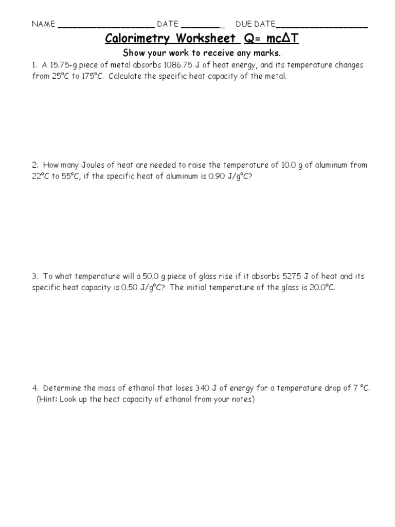 Calorimetry Worksheet | PDF