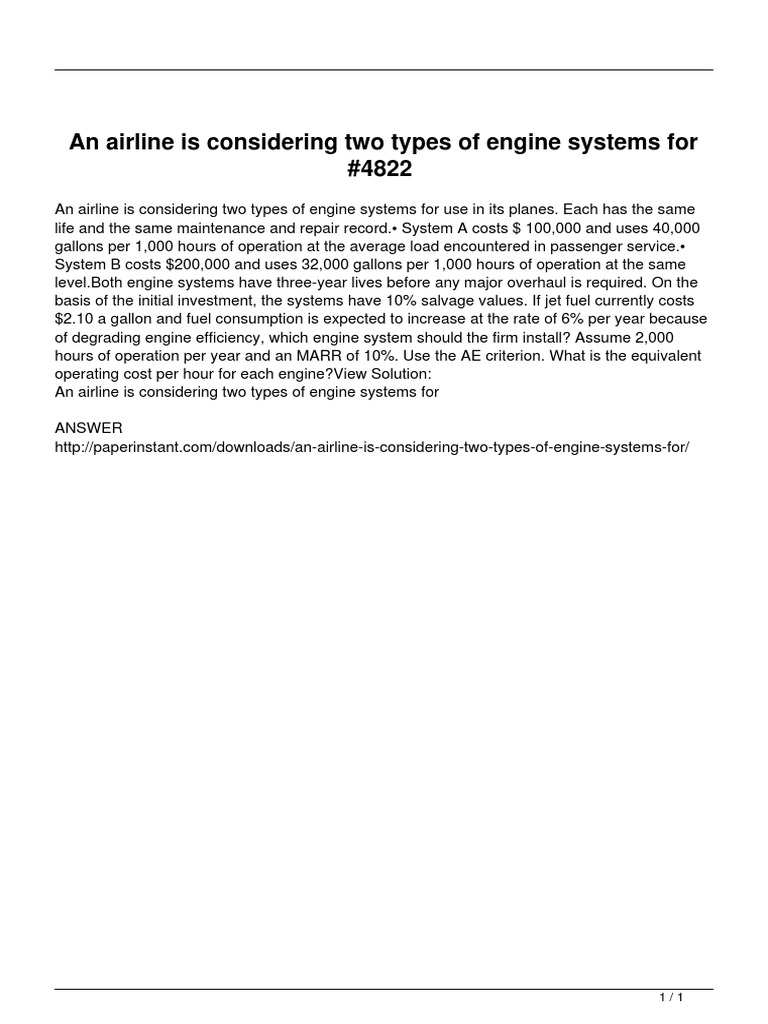 An Airline Is Considering Two Types of Engine Systems For | PDF ...