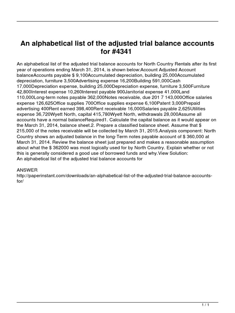 An Alphabetical List of The Adjusted Trial Balance Accounts For | PDF ...