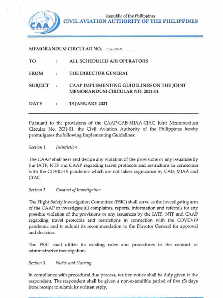 Civil Aviation Authority of The Philippines Memorandum Circular No. 03 2021 | PDF