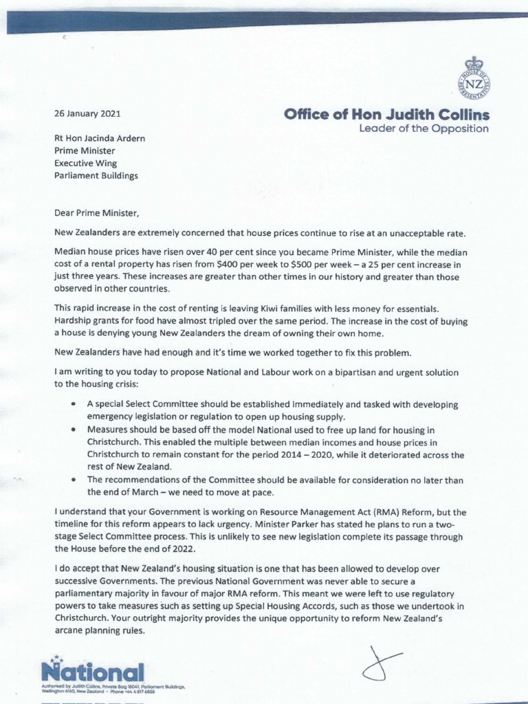 Letter To RT Hon Jacinda Ardern From Judith Collins | PDF
