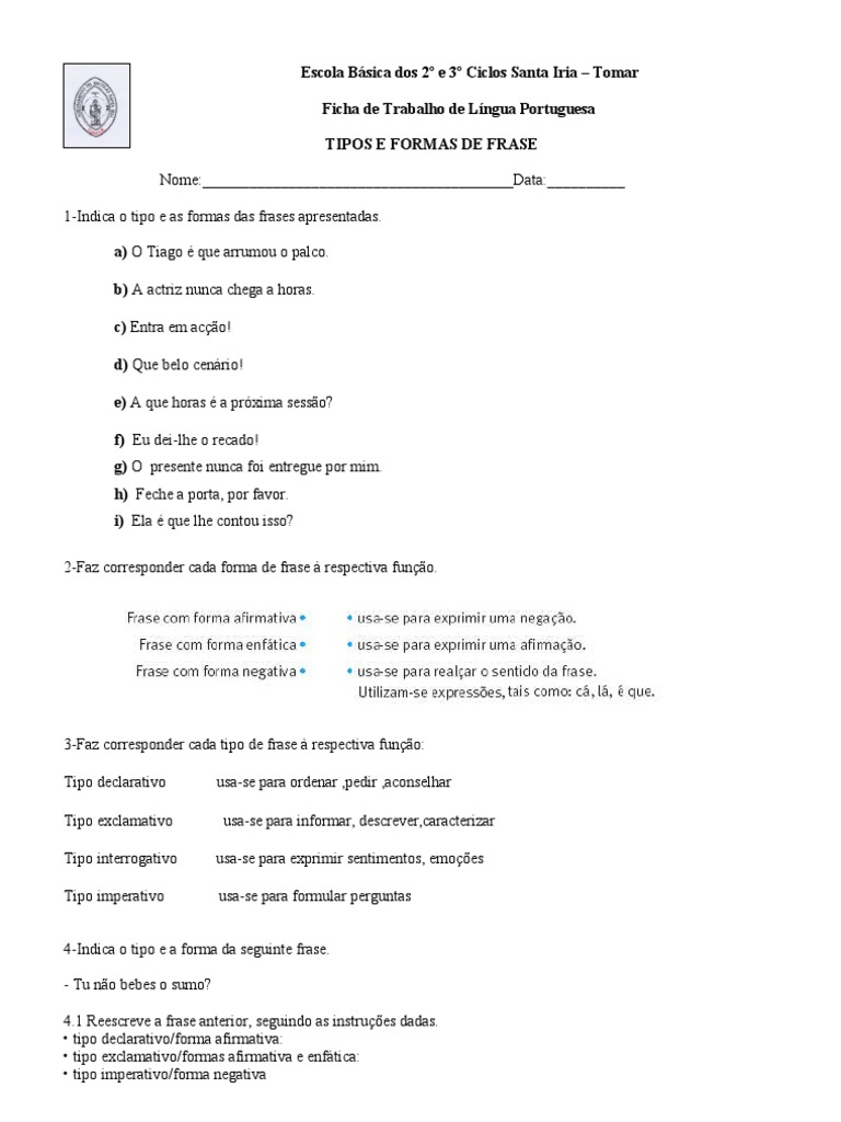 8º-Tipos e Formas de Frase | PDF