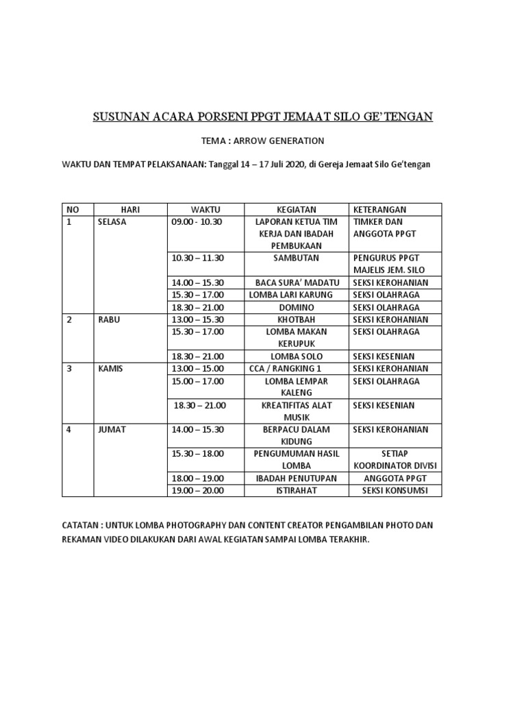 Susunan Acara Porseni PPGT Jemaat Silo Ge | PDF