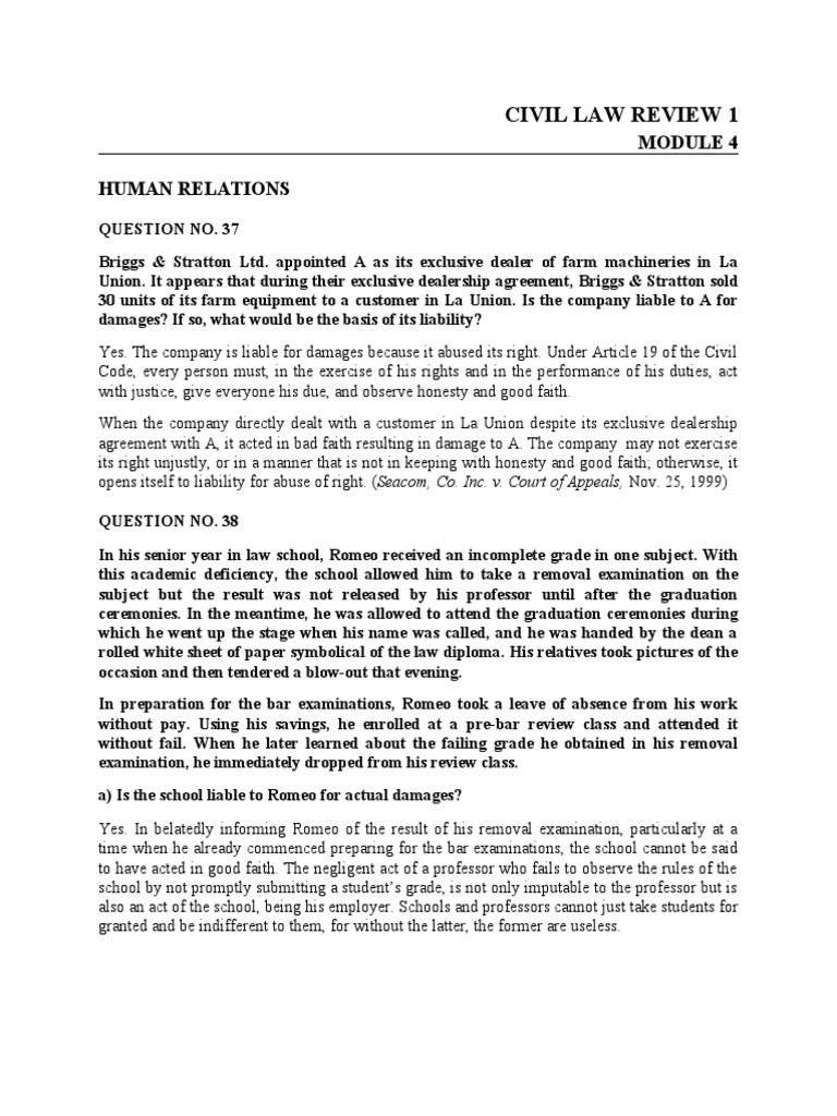 Civil Law Review 1 Module 4 Human Relations | PDF | Acquittal | Burden Of Proof (Law)