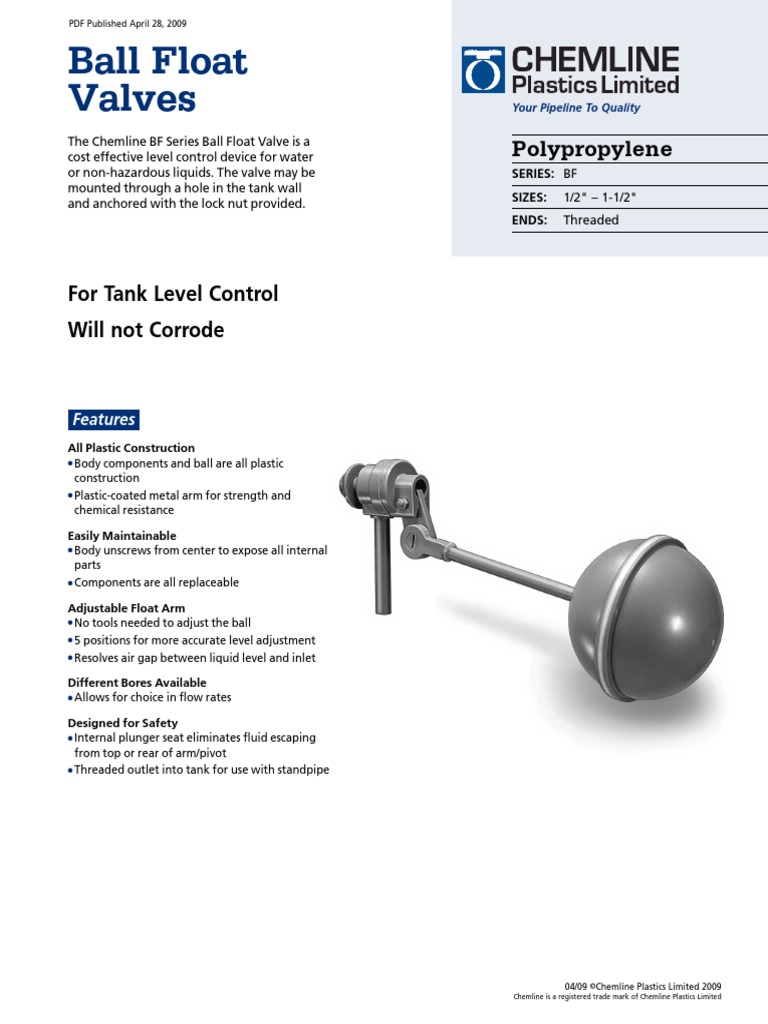 Chemline Float Valve Datasheet 2 | PDF | Valve | Pipe (Fluid Conveyance)