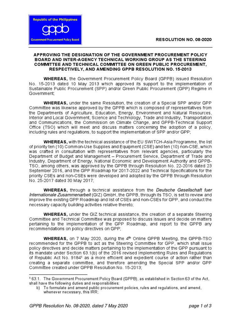 GPPB Resolution No. 08-2020 | PDF | Procurement | Government