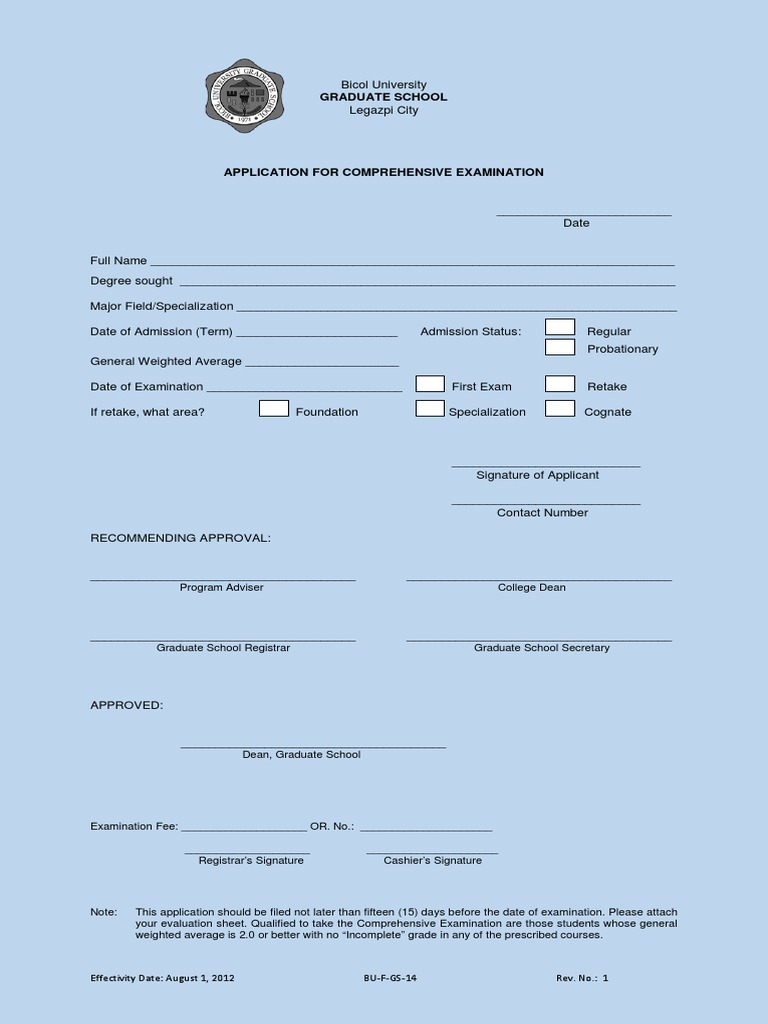 BU F GS 14 Application For Comprehensive Examination | PDF | University ...
