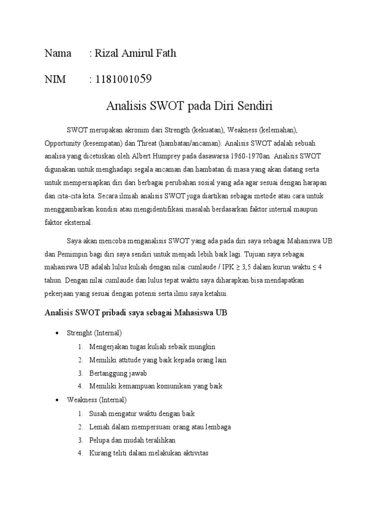 Analisis SWOT Diri Sendiri Revisi 1 | PDF