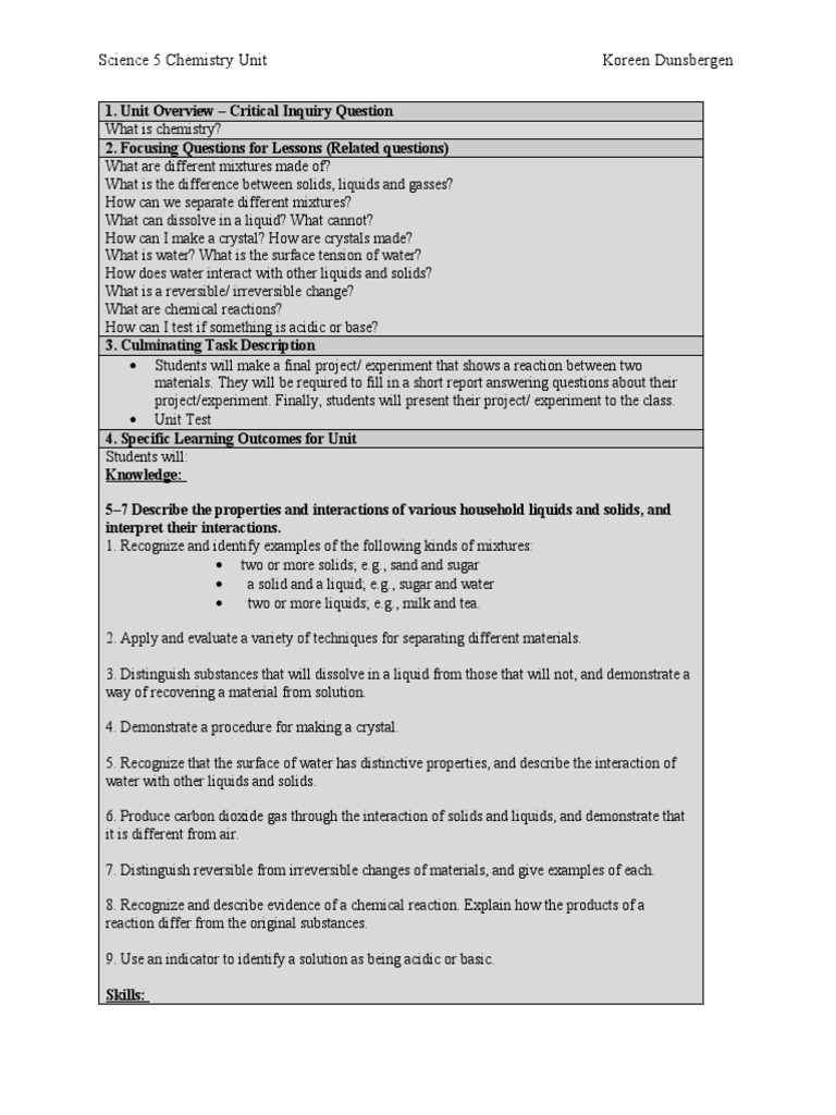 Grade 5 Chemistry Unit Overview | PDF | Filtration | Mixture