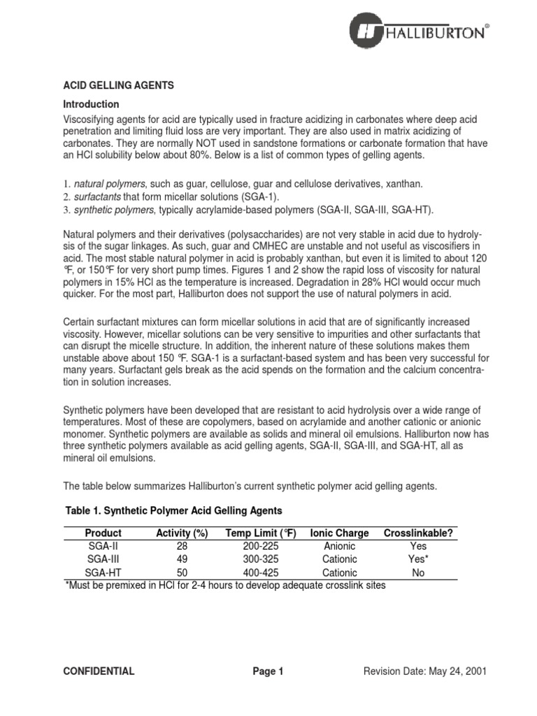 Table 1. Synthetic Polymer Acid Gelling Agents | PDF | Gel | Polymers