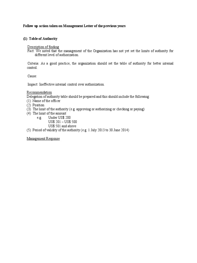 Follow Up Action Taken On Management Letter of The Previous Years | PDF ...