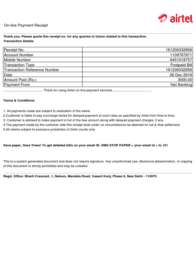 Airtel Bill Payment | PDF | Receipt | Payments
