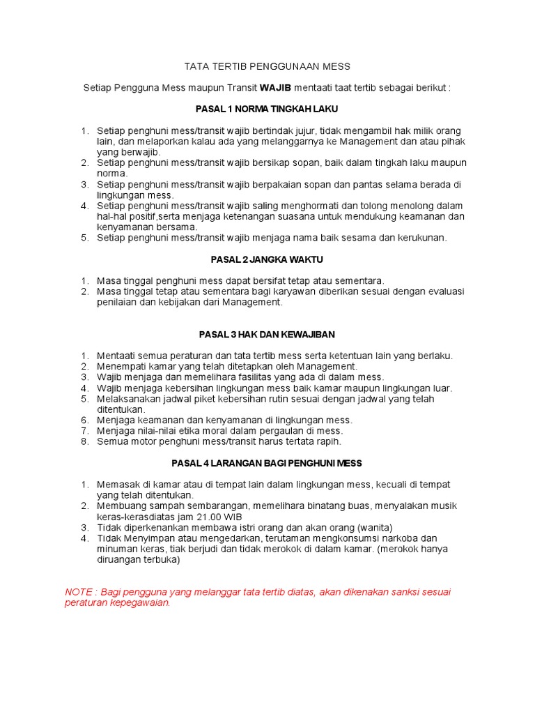 Peraturan Dan Tata Tertib Pengguna Mess | PDF