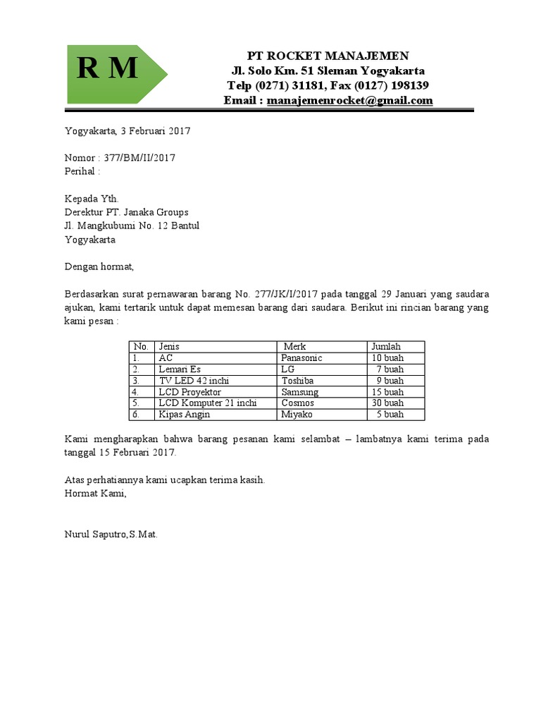 Contoh Permohonan Pemesanan Barang | PDF