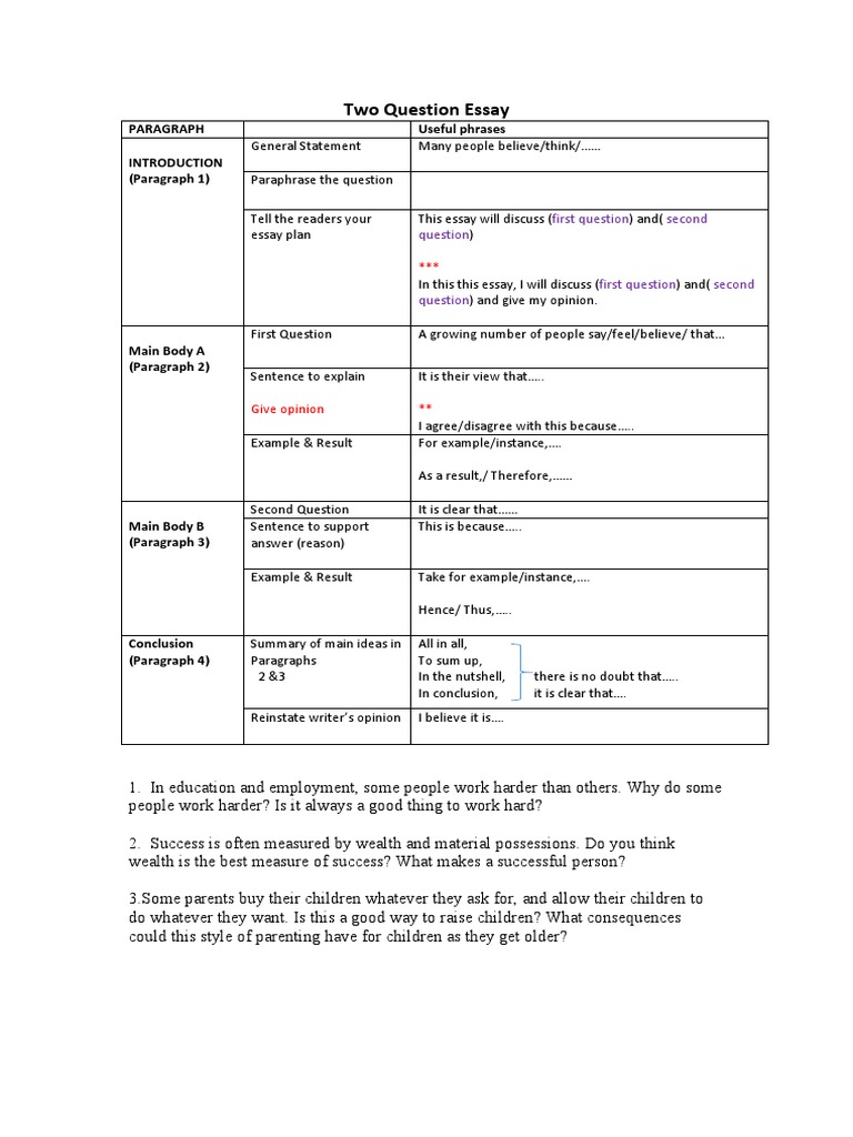 Two Question Essay Writing Guide | PDF | Language Arts & Discipline