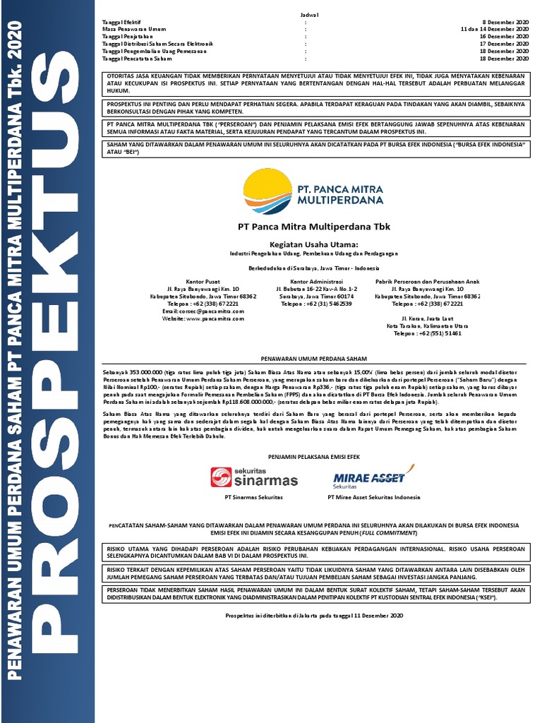 Prospektus IPO PT Panca Mitra | PDF | Pengelolaan Keuangan & Uang