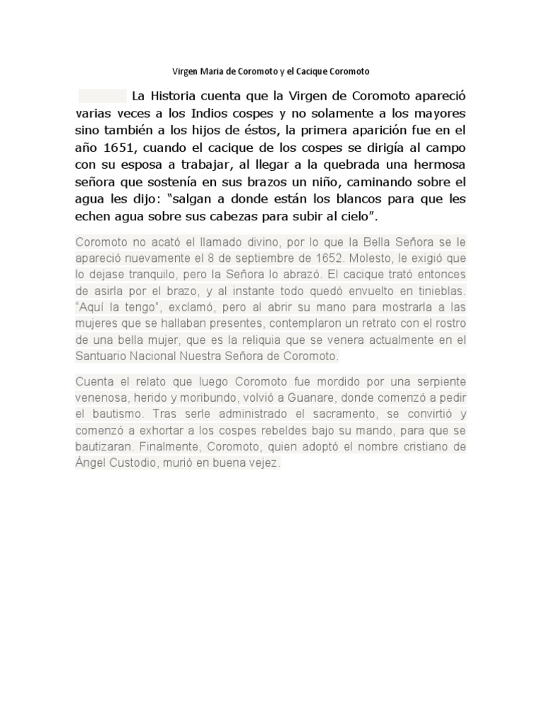 Virgen Maria de Coromoto y El Cacique Coromoto | PDF