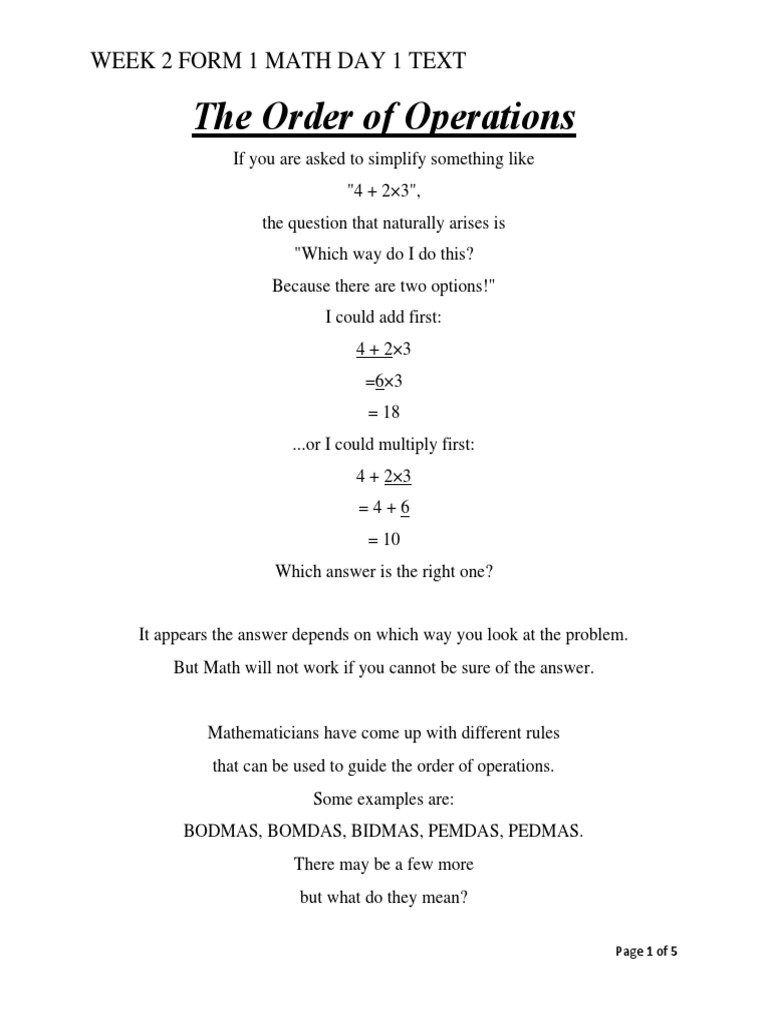 The Order of Operations: Week 2 Form 1 Math Day 1 Text | PDF ...
