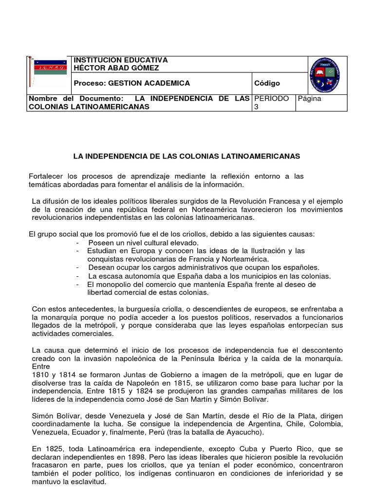 Independencia de Las Colonias Latinoamericanas 8º | PDF | America ...