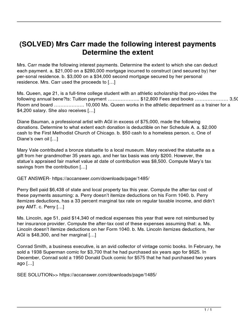 Solved Mrs Carr Made The Following Interest Payments Determine The ...