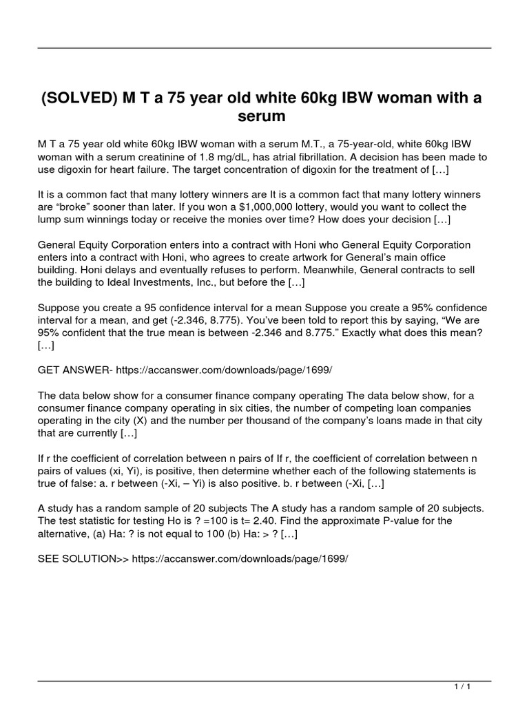 Solved M T A 75 Year Old White 60kg Ibw Woman With A Serum | PDF ...
