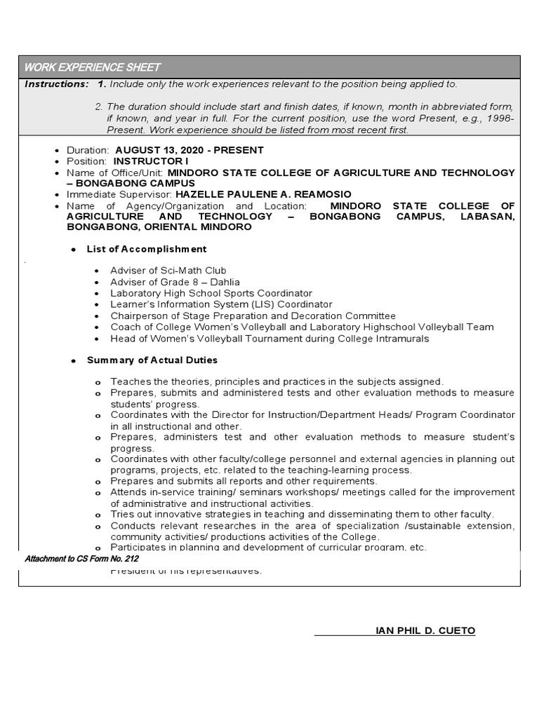 Work Experience Sheet: Instructions: 1. Include Only The Work ...