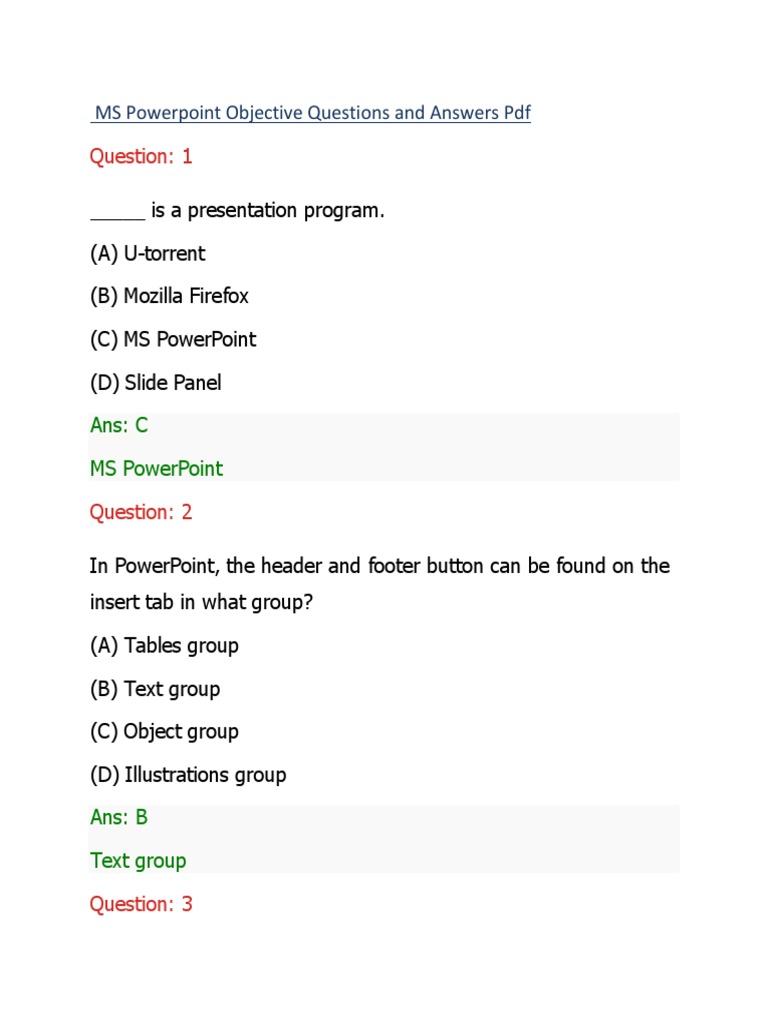 Ms Powerpoint Objective Questions Answers | PDF