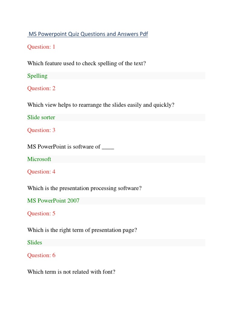 MS Powerpoint Quiz Questions and Answers PDF: Spelling | PDF