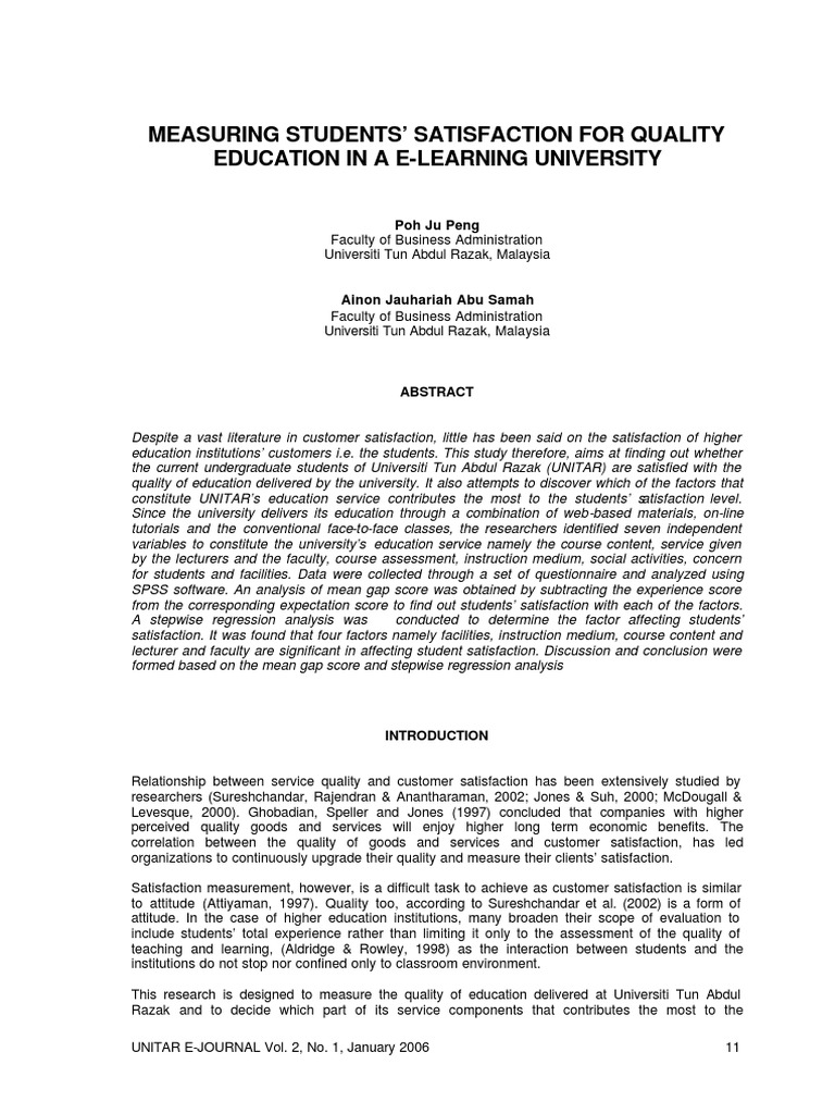 Measuring Students' Satisfaction For Quality Education in A E-Learning ...